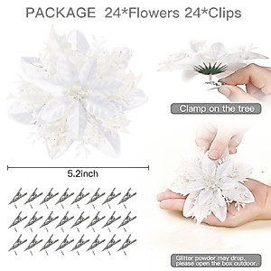 Sggvecsy 24 Pcs Christmas Glitter Poinsettia Flowers Christmas Tree Ornaments Artificial Christmas Flowers Decorations with Clips for Xmas Holiday Wedding Wreath Party Floral Decorations (White)