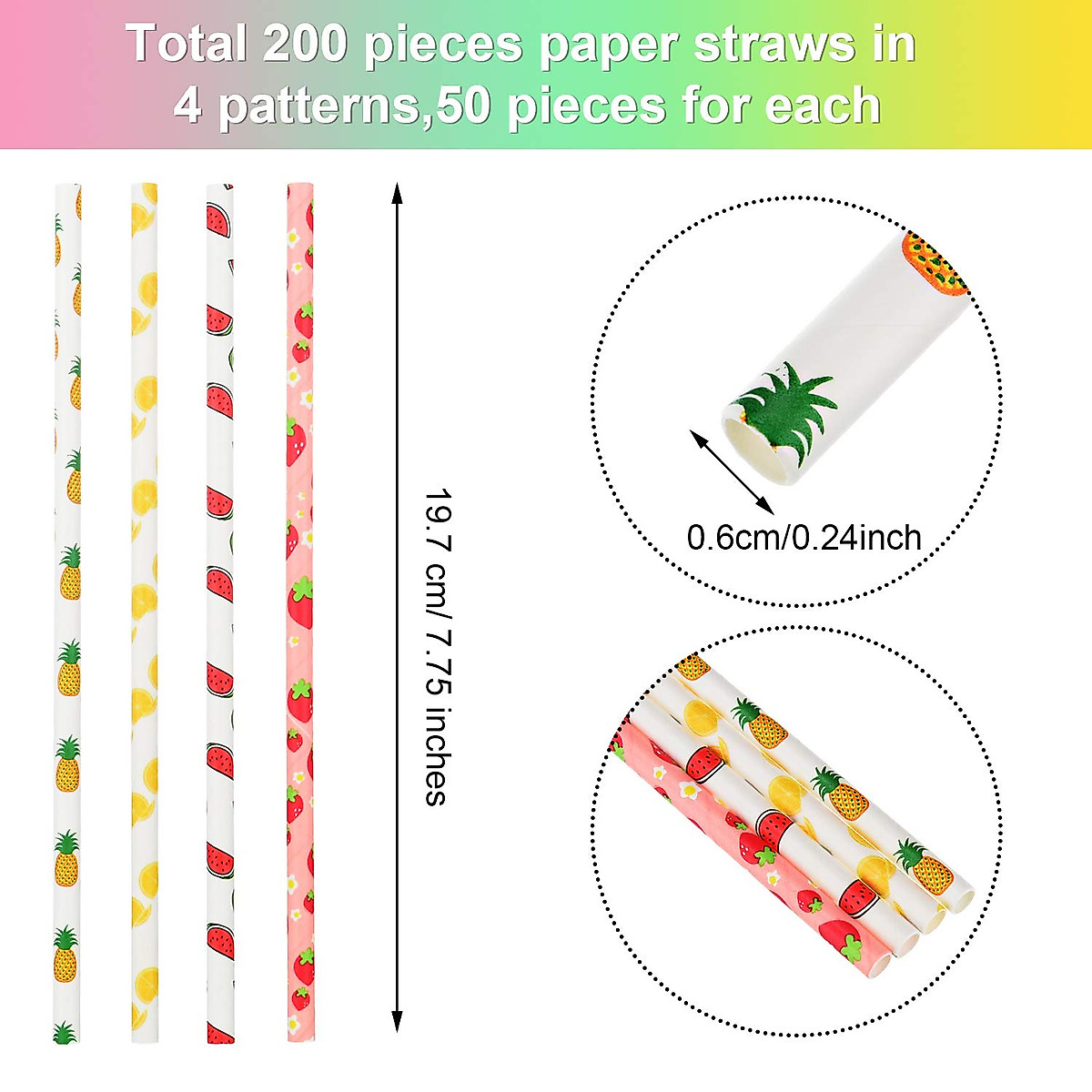 200 Pieces Paper Straws Fruit Pattern Drinking Straws Strawberry Pineapple Orange Paper Straws 7.75 Inches Hawaiian Party Drinking Straws for Cocktail Summer Birthday Luau Party Supplies