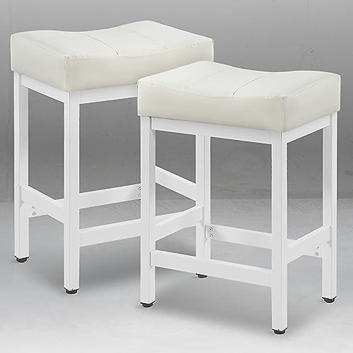 KATDANS Bar Stools Set of 2, 24" Counter Height Saddle Bar Stools, Upholstered PU Leather Bar Stools for Kitchen Island, Mid Century Modern Backless Barstools with Metal Base, KS861P-Cream, 2Pcs