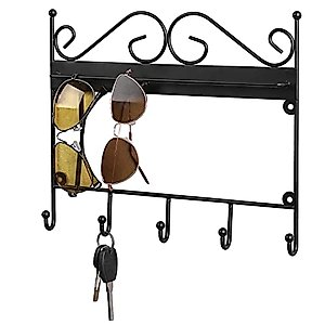 MyGift Wall Mounted Black Metal Wire Hanging Sunglasses Display Holder and Key Rack Organizer with 5 Hooks and Scrollwork Design