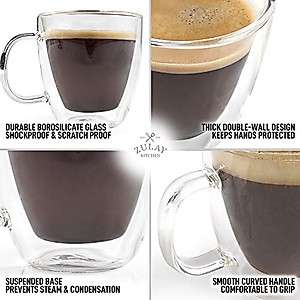 Zulay Double Wall 5.4oz Glass Espresso Mugs (Set of 2) - Insulated Clear Coffee Mugs With Handle & Suspended Base Design - Thick Expresso Coffee Cups For Americano, Lattes, Tea, Cappuccinos, and More