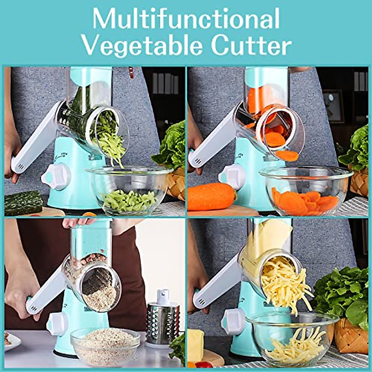 Rotary Cheese Grater with Handle for Fruit,Vegetables,Nuts, 3 In 1 Multifunctional Kitchen Square Drum Vegetable Cutter & Round Mandoline Slicer Nuts Grinder With 3 Interchangeable Blades (Blue)