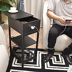 SZLHANJZ Slim End Table, Narrow Nightstand with Charging Station, Slide Open Sofa Bed Side Table with Drawers Storage Shelf, 3-Tier Wood & Metal Modern Nightstand for Home Office Dorm, Black