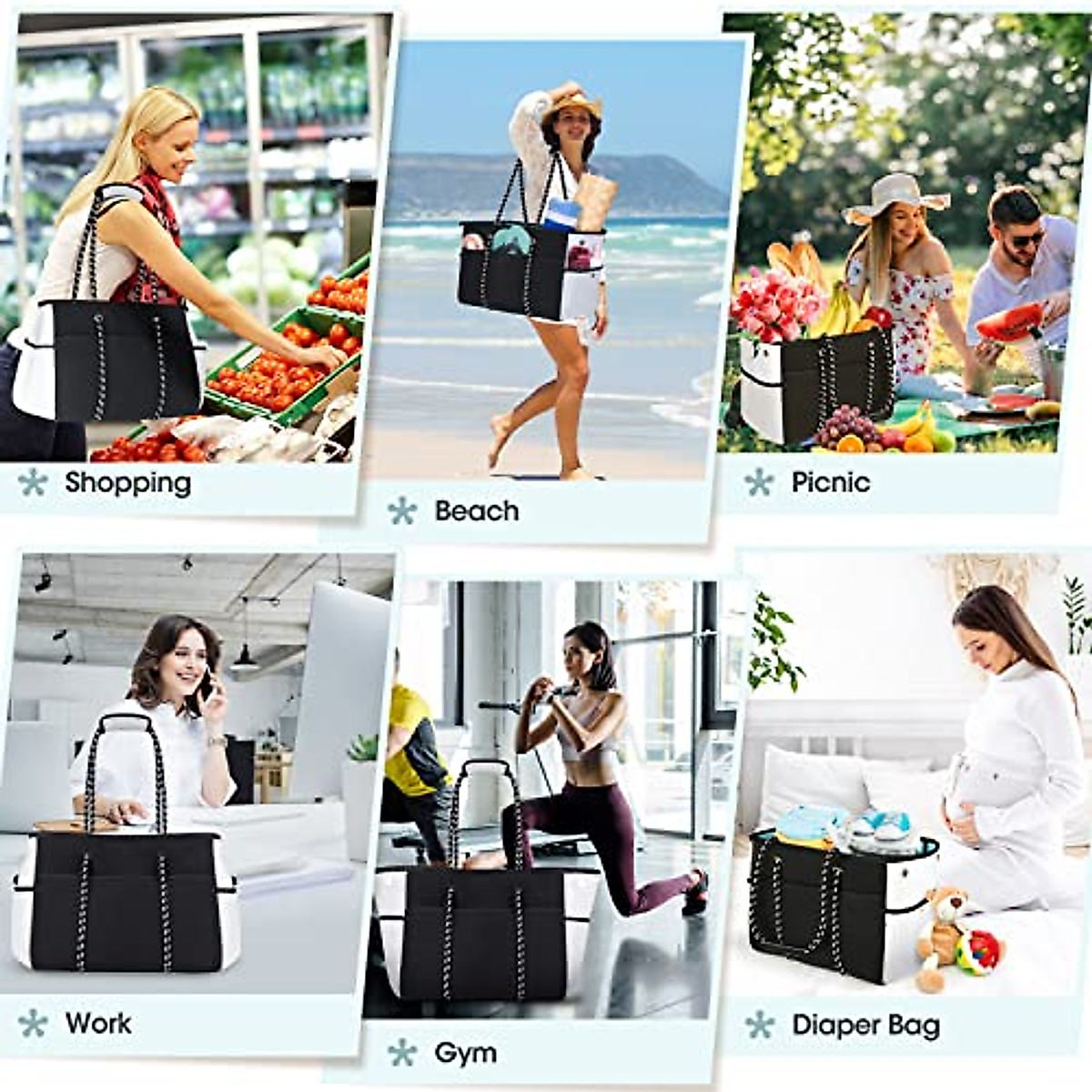 NUBILY Beach Bag for Women, Multipurpose Beach Tote Bag 30L Water Resistant Sandproof Neoprene Tote Bags Extra Large Swimming Travel Gym Pool Bag Lightweight Vacation Shoulder Bag