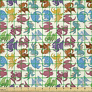 Ambesonne Dragon Fabric by The Yard, Cartoon Style Design for Children Animal Pattern Colorful Dragons Artwork Print, Stretch Knit Fabric for Clothing Sewing and Arts Crafts, 1 Yard, Magenta Blue