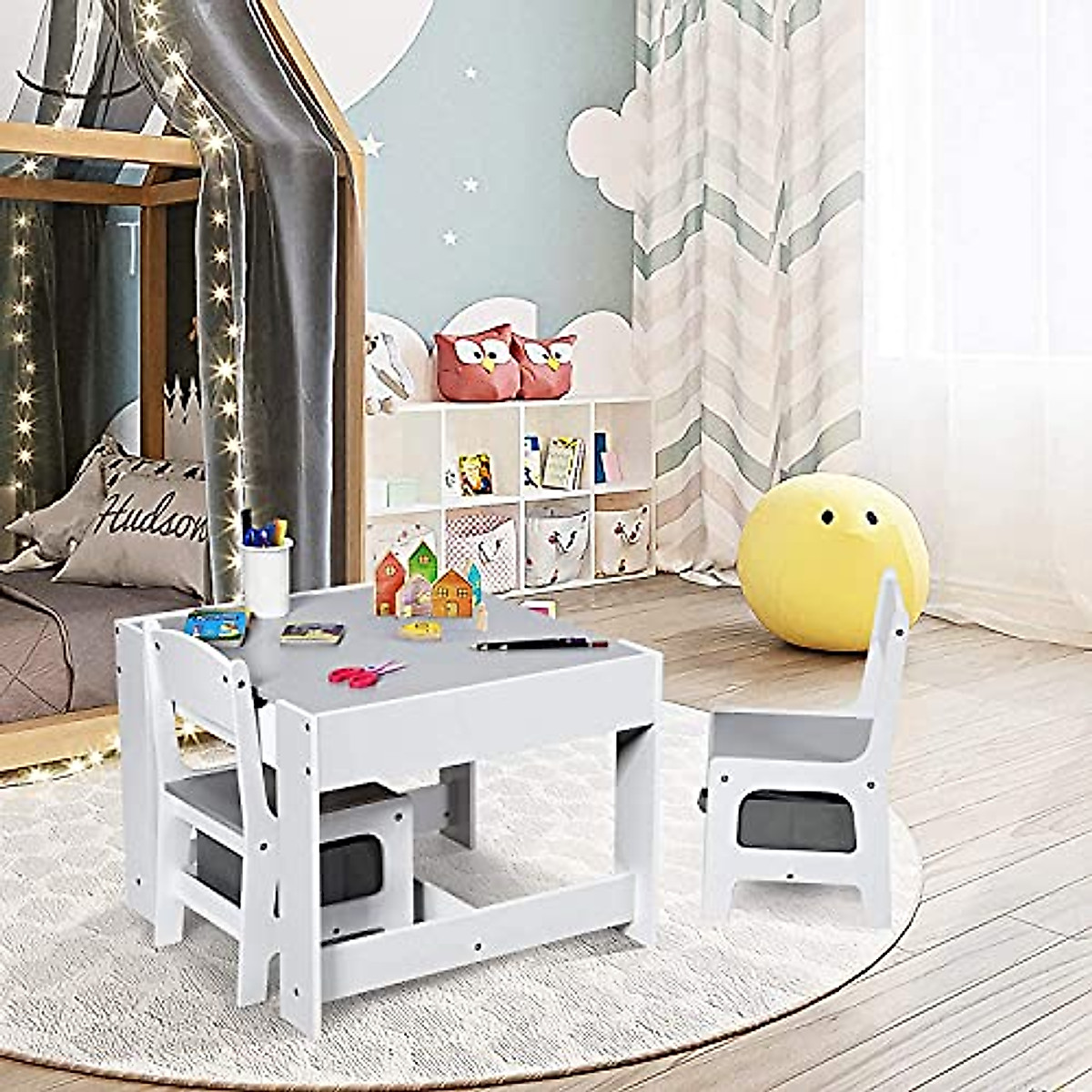 MAT Expert Kids Table & Chair Set, 3 in 1 Children Activity Desk Sets with Storage Drawer, Detachable Blackboard, Multifunctional Toddlers Entertainment Set Ideal for Painting, Reading & Writing