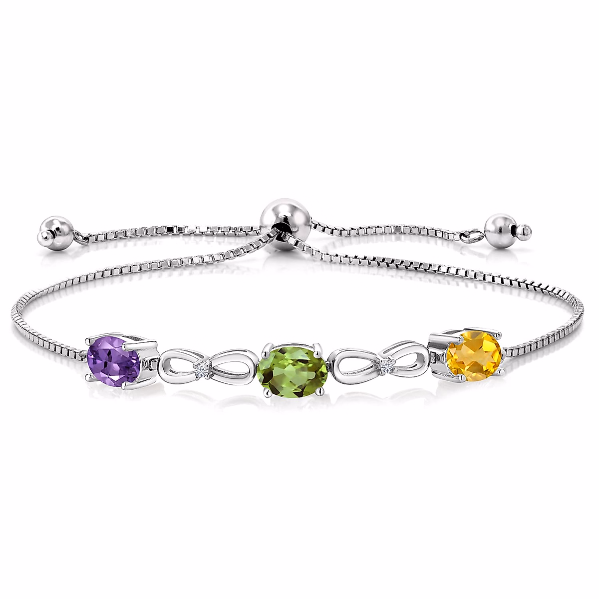 Gem Stone King 925 Sterling Silver Customized and Personalized 3 Gemstone Birthstone and White Lab Grown Diamond Tennis Infinity Bracelet For Women (2.27 Cttw, Adjustable up to 9 Inches)