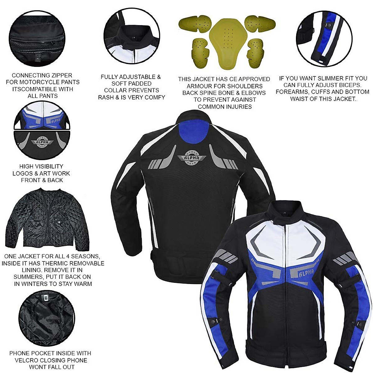 MOTORCYCLE JACKET MENS CE ARMORED BIKERS RIDING RACING WATERPROOF ALL SEASON JACKET (BLUE, X-LARGE)