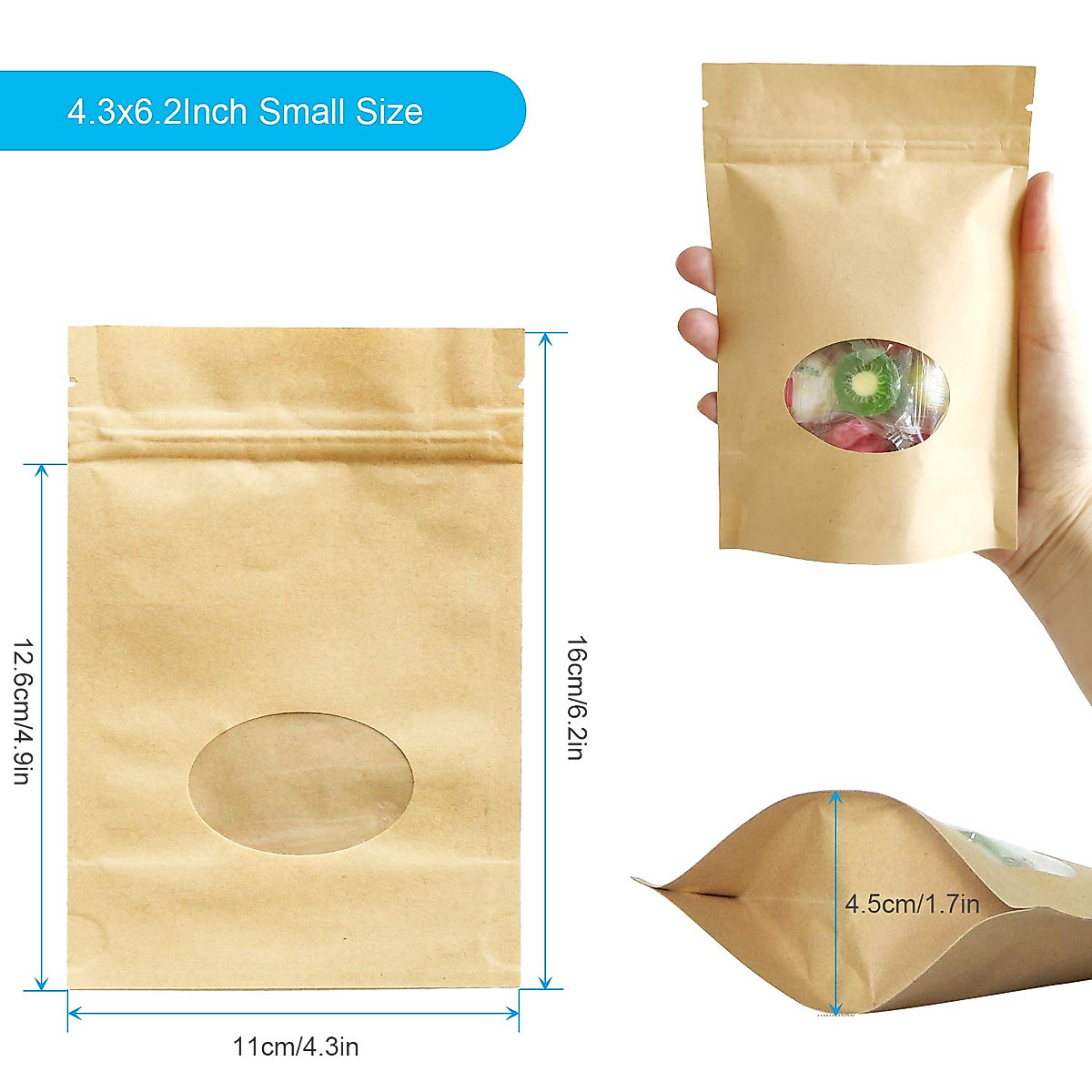Kraft Stand Up bags with Window - SumDirect 50Pcs 4.3x 6.2 inches Brown Food Storage Bags, Reusable Sealing Stand Up Pouches Zipper Lock for Storing