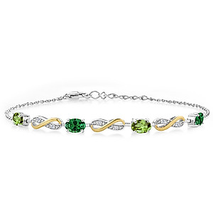 Gem Stone King 1.75 Cttw Green Peridot Green Created Emerald and Lab Grown Diamond 925 Silver and 10K Yellow Gold Infinity Bracelet For Women | Fully Adjustable Up to 7.5 Inch