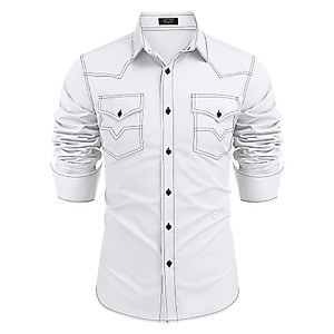 COOFANDY Mens Shirt Western Dress Long Sleeve Casual Cotton Button Down Denim Work, White, Medium, Long Sleeve
