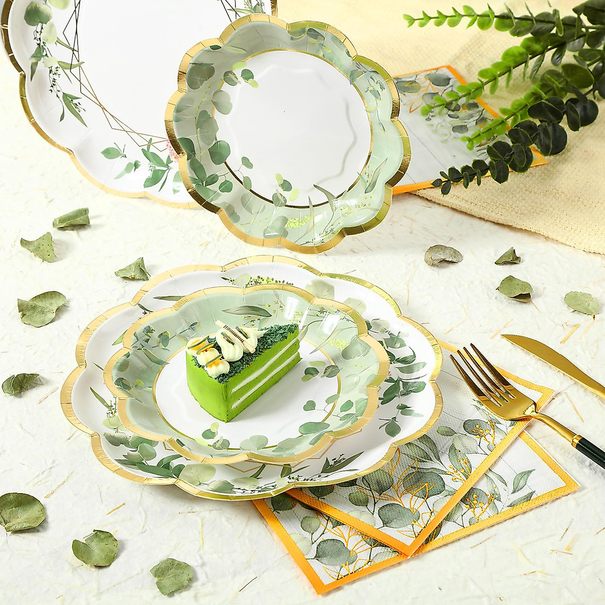 Tanlade 96 Pcs Sage Green Theme Party Supplies Plates and Napkins Serve 24, Disposable Eucalyptus Paper Plates Scalloped Dinner Plates 2 Ply Paper Napkins for Wedding Bridal Shower