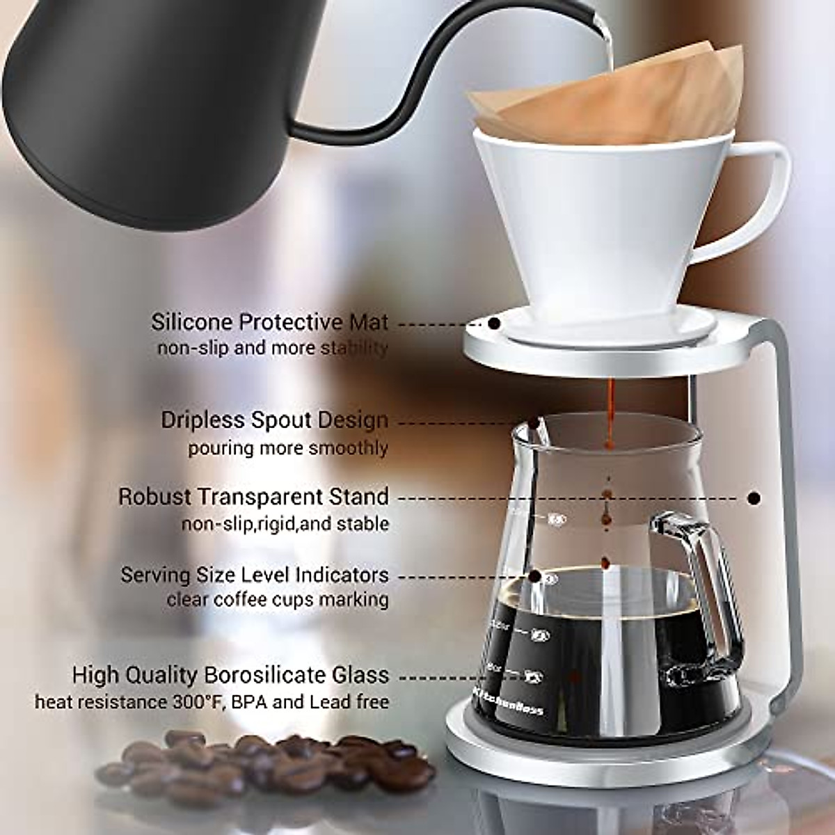 KitchenBoss Pour Over Coffee Maker Set Pour Over Stand Set | White Ceramic Dripper | 600ml/20oz Glass Server | Non-slip Stand | Home Office Coffee Maker Kit 5 Cup