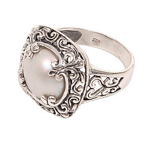 NOVICA Artisan Handmade Cultured Freshwater Pearl Cocktail Ring .925 Sterling Silver Floral Motif White Indonesia Birthstone White Lunar'