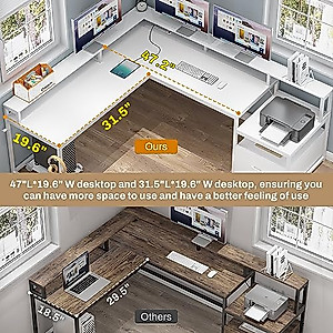 SEDETA L Shaped Gaming Desk, 66" Home Office Desk with File Drawer & Power Outlet, Gaming Desk with Led Lights, Corner Computer Desk with Monitor Shelf, Printer Storage Shelves, Two Person Desk, White