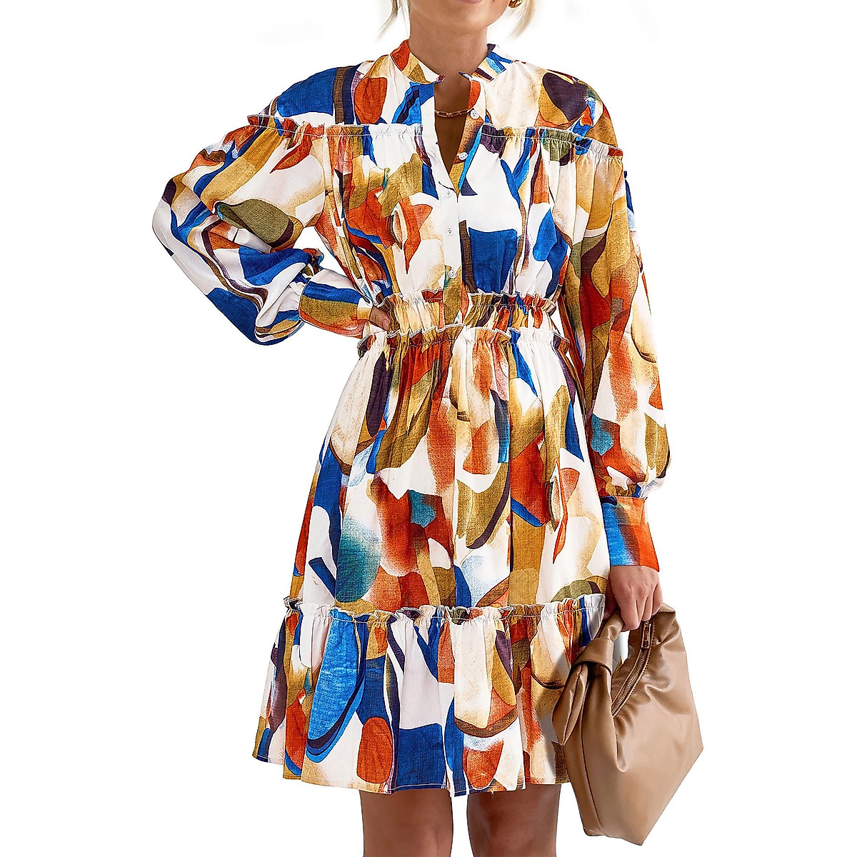 KIRUNDO Women Long Sleeve Dress Button Up Oil Mottled Print Exotic Dresses Casual Loose Elastic Waist A Line Short Dress Party Dress Homecoming Dresses(Blue, Small)