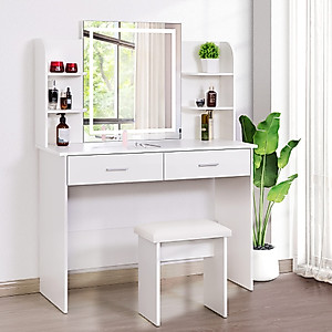 VIVOHOME Makeup Vanity Table Set with 3-Color Dimmable Lighted Mirror, 6 Storage Shelves, 2 Drawers, Cushioned Stool, White