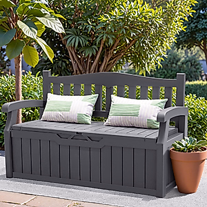 Greesum 70 Gallon Outdoor Storage Bench, Resin Patio Furniture with Armrest,Waterproof and Durable, Perfect to Garden, Poolside and Lawn,Grey