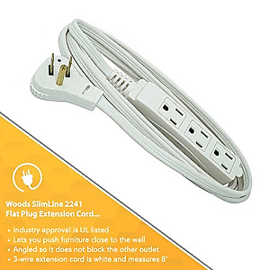 Woods SlimLine 2241 16/3 Flat Plug Indoor Extension Cord, 8-Foot, 3 Outlets, Right Angled Plug, Space Saving Design, UL Listed