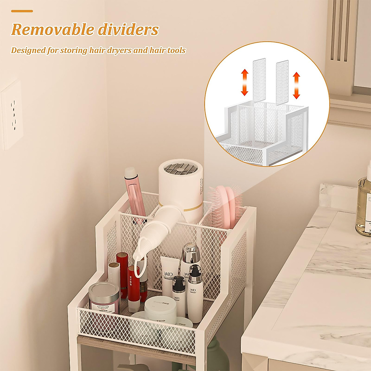 Yuyetuyo Hair Tool Organizer Bathroom Storage Shelf 3-Tier Hair Dryer Holder with 3 Grids - Makeup Organizer Slim Floor Stand, Cosmetic Shelf Flat/Curling Irons Hair Straighteners Holder -White