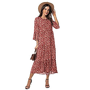 VIISHOW Women's Bohemian Midi Dress 3/4 Sleeve Floral Print Front Tie Neck Ruffle Hem Long Casual Dress(Flower Red,X-Large)