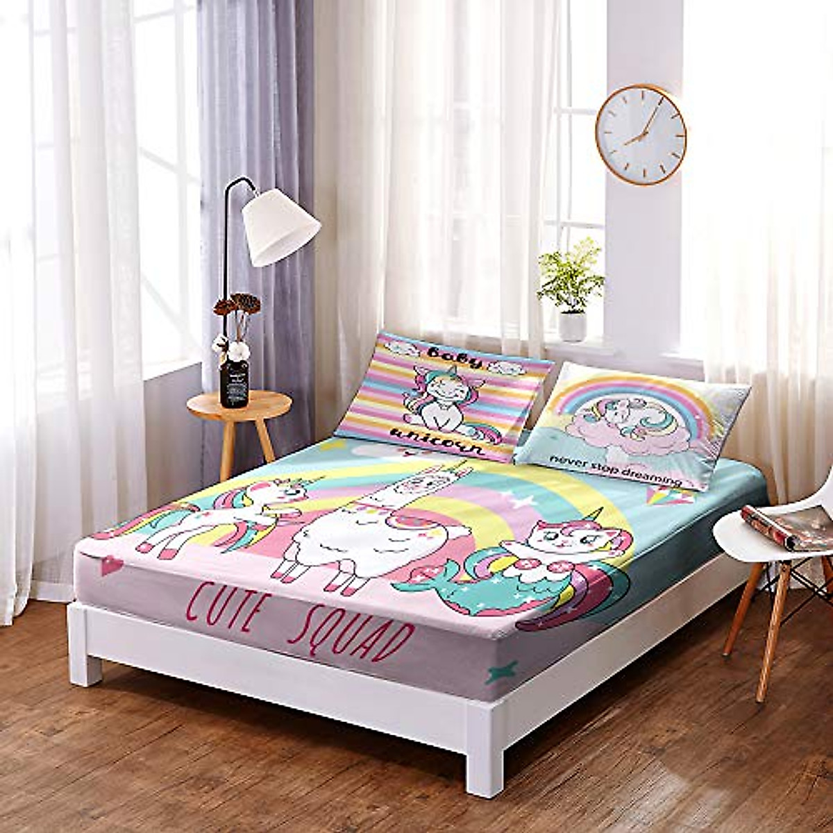 Roscloud Girls Unicorn Bed Sheets Sets Full Size - 3PC Memaind Rainbow Kids Fitted Sheet（Fitted Sheet x 1 Pillowcases x 2）