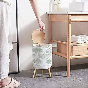 Small Trash Can with Lid Sage green ginkgo biloba leaves pale botanical seamless Floral Natural Waste Bin with Wood Legs Press Cover Wastebasket Round Garbage Bin for Kitchen Bathroom Bedroom Office