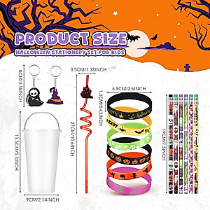 Seenelling 24 Set Halloween Party Favors Gift Cups Filler for Students, Halloween Goodie Bag Fillers, Halloween Treats Non Candy, Halloween Keychain Pencil Straw Silicone Bracelet for Classroom Gifts