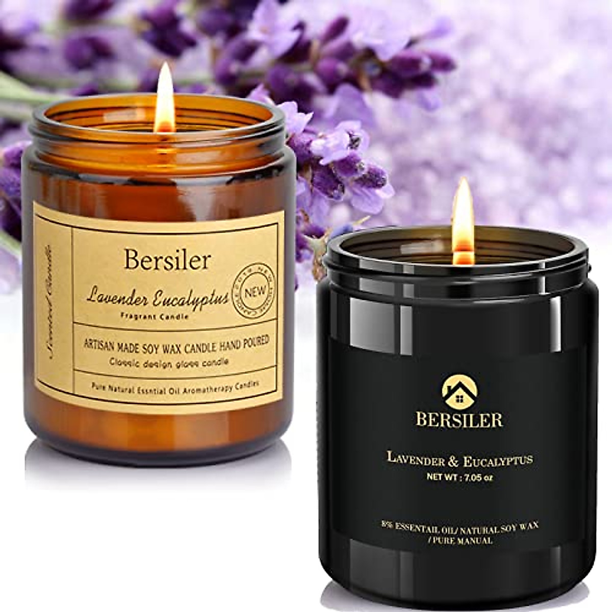 Bersiler 7 OZ Lavender Eucalyptus Candles for Home Scented Brown and Black Jar Stress Relief and Relax for Home & Bedroom Gift for Women/Men Soy Wax