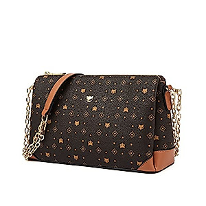 Womens Vegan Leather Crossbody Bags, PVC Faux Leather Satchel Bags for Women Brown Monogram Shoulder Bags Signature