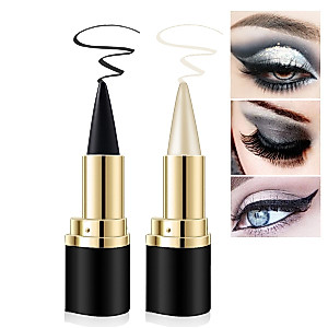 Aaiffey 2 Colors Gel Eyeliner Set,Quick-Dry Cream Eyeliner Waterproof and Smudge Proof Eye-liner Pencil Long-Lasting Matte Black Eyeliner Stick for Women Girls (01 Silver+04 Black)