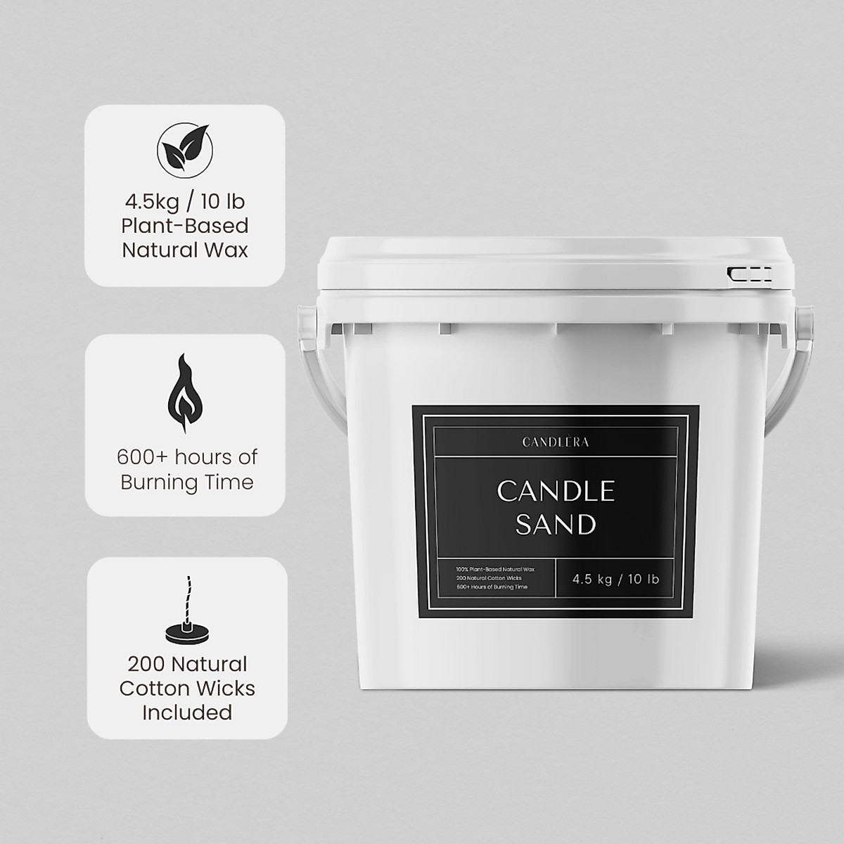 4.5kg/10 lb Pearled Candle Sand in Bulk Bucket +200 Wicks Included for Wedding Decor, Scent-Free Pearled White Wax, Non-Toxic Powder, Long-Lasting 600 Hours of Burning time, Ideal for Event Planners
