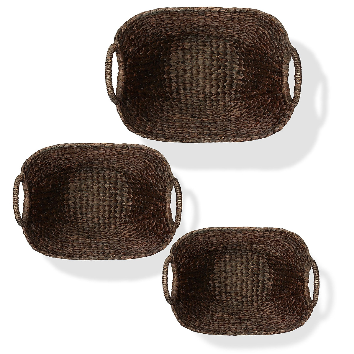 Casafield Set of 3 Multipurpose Boat Baskets with Handles - Espresso, Woven Water Hyacinth Storage Organizers for Throw Blankets, Bedroom, Living Room, Laundry