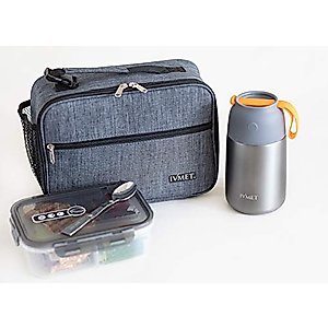 IVMET 3-Piece Lunch Bag Kit Insulated Bento Lunch Box Food Jar Vacuum Stainless Steel thermos with Spoon Leak Proof Hot Cold for Kids Adults School Office Picnic Travel Outdoors (Grey, 24 oz / 730 ml)
