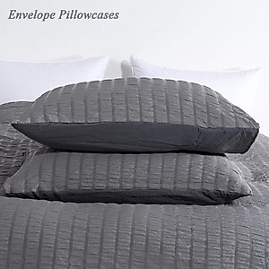 Cozyholy Seersucker Duvet Cover Set Queen Size 3 Pieces Dark Grey Textured Bedding Duvet Cover Ultra Soft Lightweight Microfiber Comforter Cover Set with Zipper Closure Corner Ties