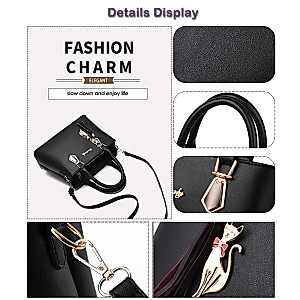 Chikencall Women Top-Handle Purses Leather 2pcs Set Totes Handbag Satchel Shoulder Bag for Ladies with tassel and cat pendant