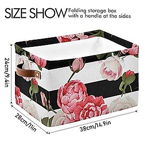AGONA Large Foldable Storage Bin Peony Roses Black White Stripes Storage Bins Collapsible Decorative Fabric Storage Baskets with Leather Handles for Home Closet Bedroom Organizer Nursery 1 Pack