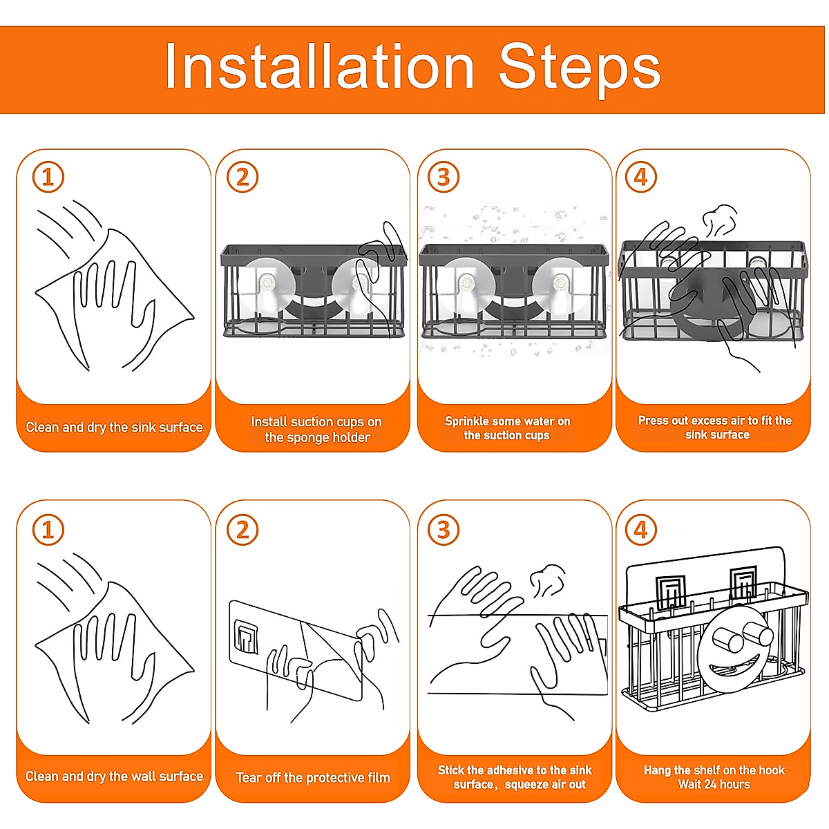 MURLONG Sponge Holder Smiley Face, Sink Caddy for Kitchen Sink, Sink Organizer Sponge Holder with 2 PCS Suction Cups/1 PCS Adhesive Strips, Designed for Sponge, Soap, Dish Brush, Scrubber-Black