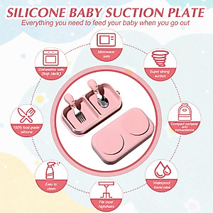 Uiifan 2 Pack Baby Suction Plate Set Silicone Suction Plate Baby with Lid Divided Suction Bowls for Baby Portable Toddler Utensils Compact for Self Feeding Baby Travel Essential (Gray, Pink)