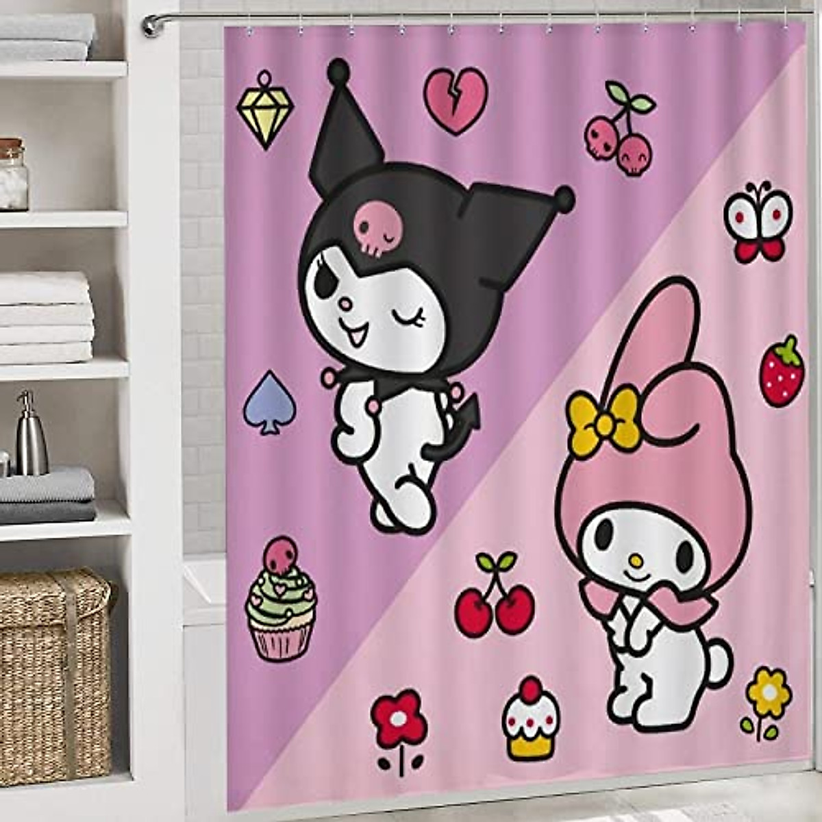 fmsnupz 4PCS Anime Shower Curtain Set, Cute Bathroom Decor with Non-Slip Rugs, Toilet Lid Cover and Bath Mat, Waterproof Fabric Shower Curtains with 12 Hooks, 70.8"x70.8"