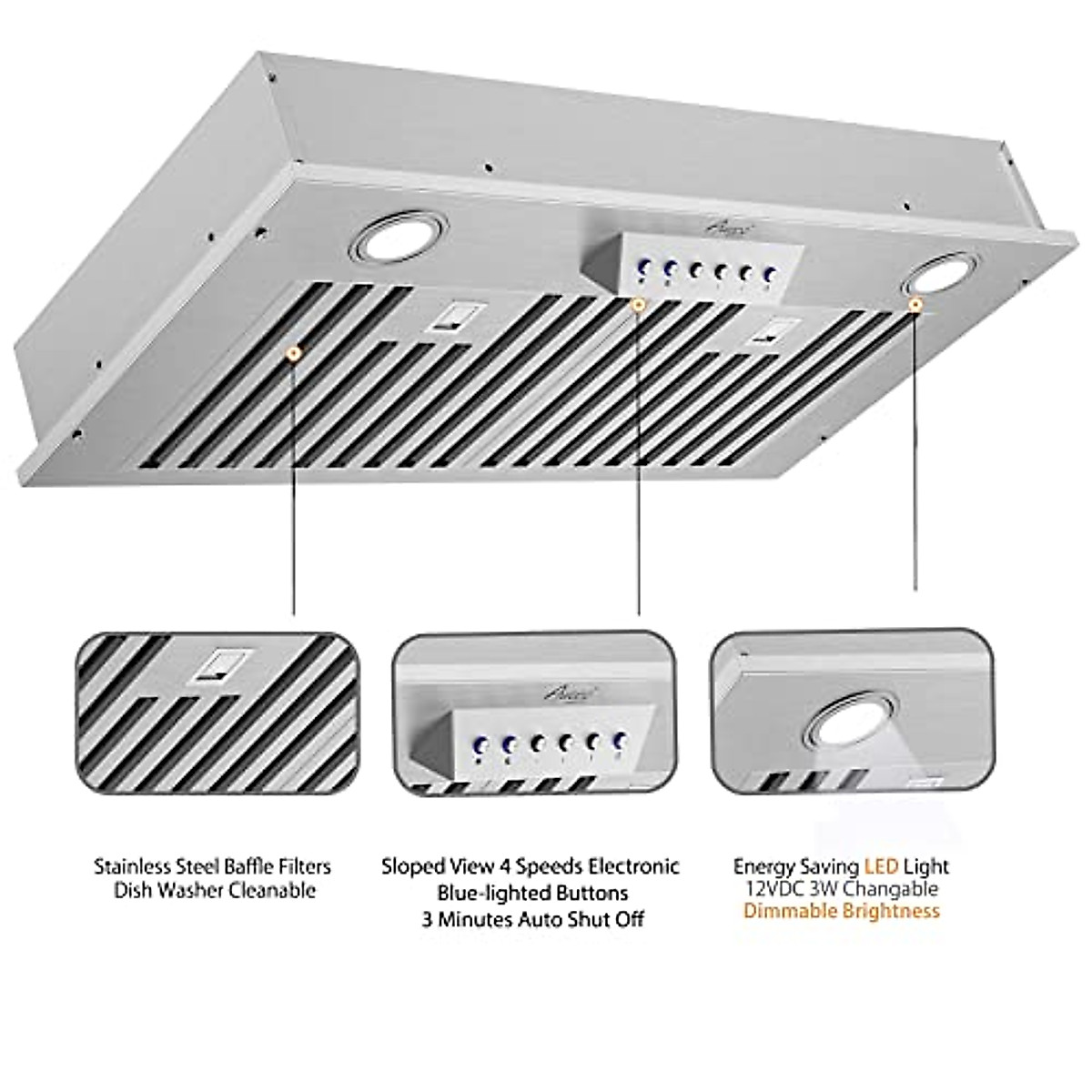 Awoco 14-1/2"D Super Quiet Split Insert Stainless Steel Range Hood, 4-Speed, 1000 CFM, LED Lights, Baffle Filters with 8" Blower (30"W M 8" Vent)