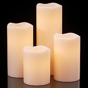 Eldnacele Waterproof Flameless Flickering Candles with 6 Hours Timer, Indoor Outdoor White LED Plastic Battery Operated Pillar Candles Pack of 4 for Wedding Festival White, D3”x H4” 5” 6” 8”