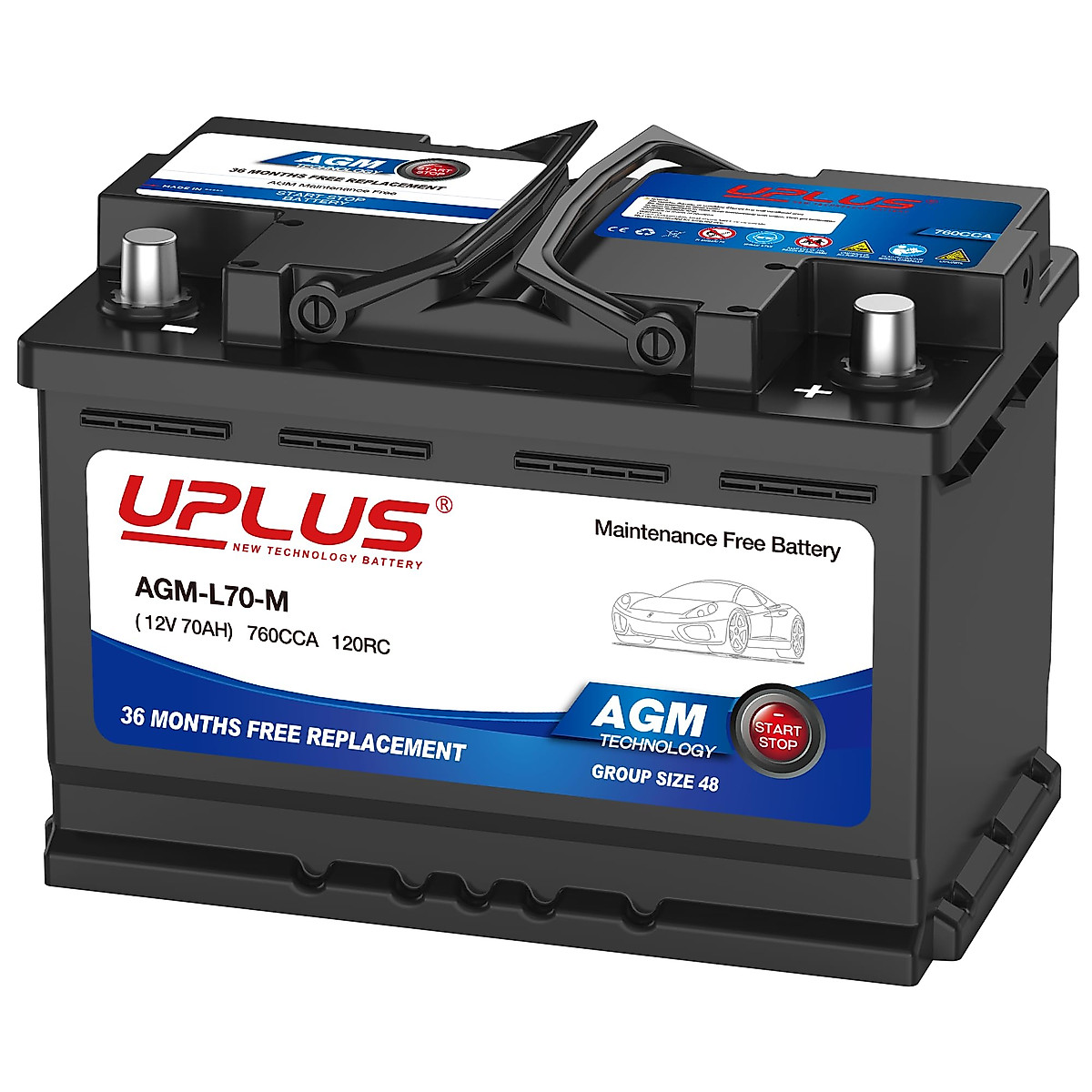 UPLUS BCI Group 48 Car Battery, AGM-L70-M Maintenance Free 12V 70Ah Premium AGM Batteries H6 L3 Automotive Battery, 760CCA, 80RC