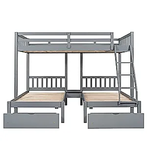 BOVZA Full Over Twin & Twin Bunk Bed, Wood Triple Bunk Bed with Drawers and Guardrails for 3 Kids Girls Boys Teens, Gray