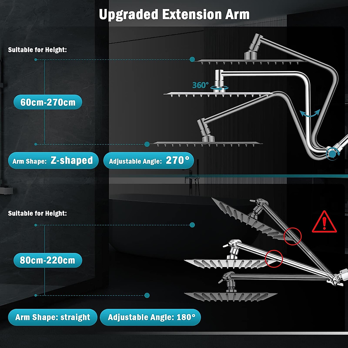 PinWin Shower Head, Upgraded Dual Rain Shower Head with Adjustable Extension Arm, 6-Setting Handheld Combo, Powerful High-Pressure Spray Against Low Pressure Water (12-Inch Showerhead Set, Chrome)