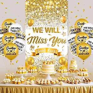 Farewell Party Decorations White Gold We Will Miss You Door Cover Banner and 18Pcs Good Luck Goodbye Balloons for Going Away Retirement Graduation Farewell Anniversary Leaving Party Supplies