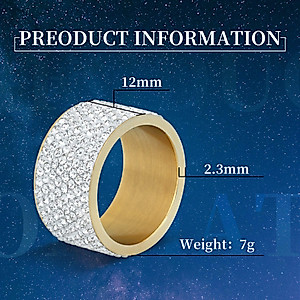 BLINGMC 12MM Wide 8 Rows Iced Out Rings Stainless Steel Rings Hip Hop Jewelry For Men Women (Gold, 12)
