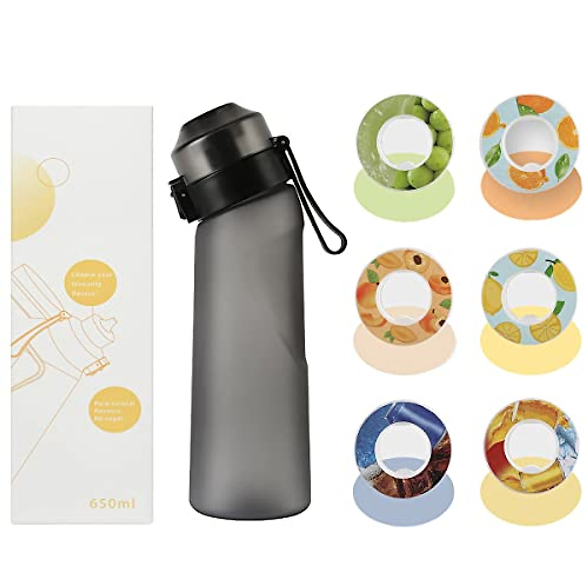 Water Bottle with Flavor Pods,Fruit Fragrance Water Bottle,Scent Water Cup,Sports Water Cup Suitable for Outdoor Sports(A.21.9Oz(Black)+6 Pods)