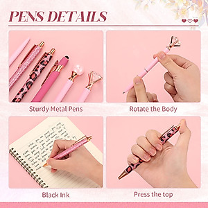 Qeeenar 6 Pcs Ballpoint Pens Set Metal Crystal Diamond Pen for Journaling Glitter Pretty Cute Stationery Black Ink Fancy Gifts for Women Girls Teacher Office Wedding School Supplies(Pink Series)