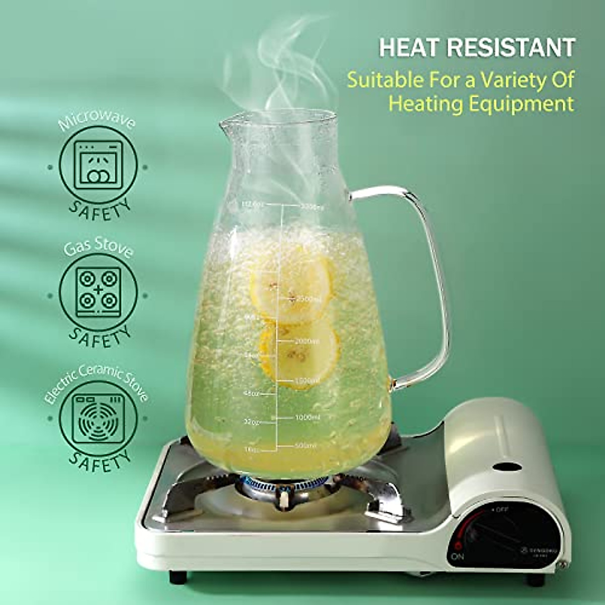 Glass Pitcher with Lid 1 Gallon, 113OZ Glass Water Pitcher with Precise Scale Line, WELLCHE 18/8 Stainless Steel Tea Pitcher 1 Gallon for Fridge, Easy to Clean Heat & Cold Resistant Borosilicate Glass